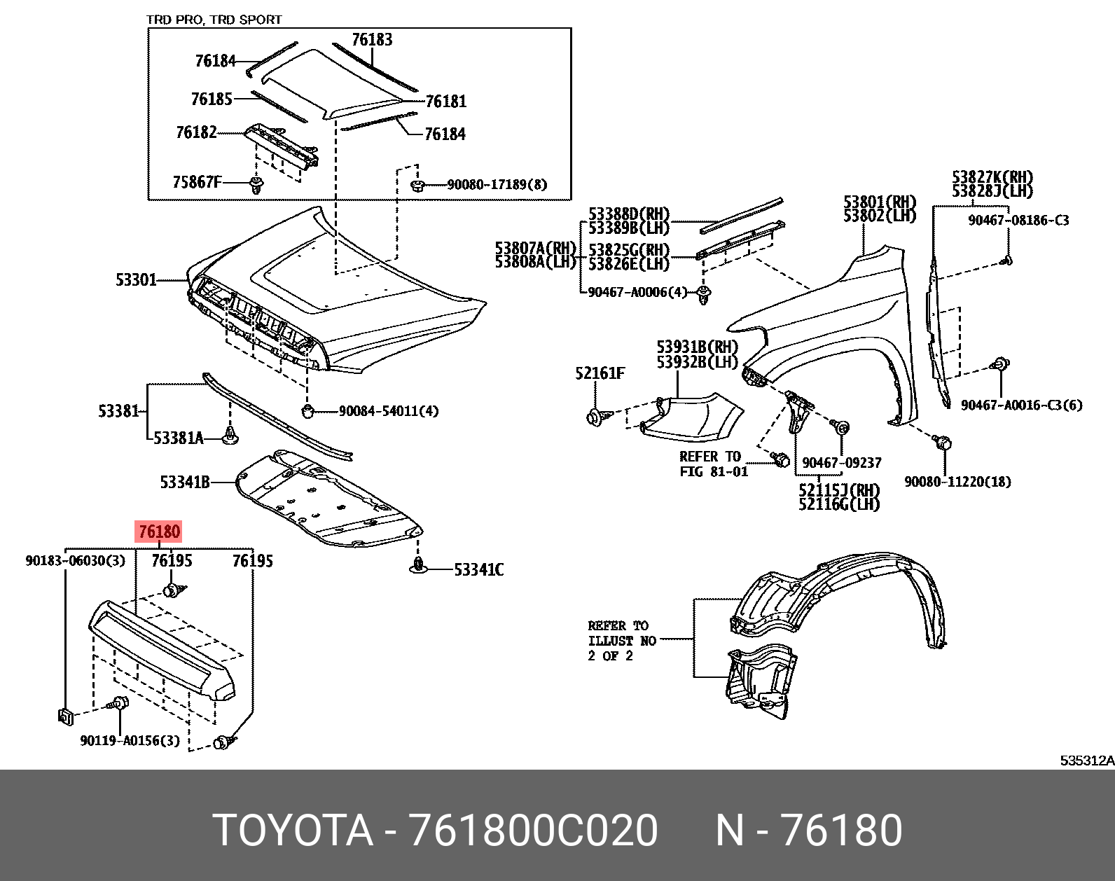 Toyota TUNDRA 14-20 HOOD MOULDING CHROM BLACK - 76180-0C020 | Spare ...