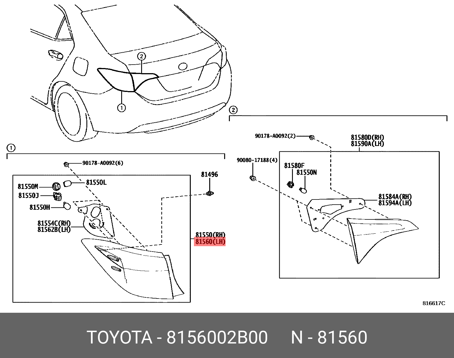 Toyota COROLLA 17-19 USA TAIL LAMP RED & WHITE L,LE LH - 81560-02B00 ...